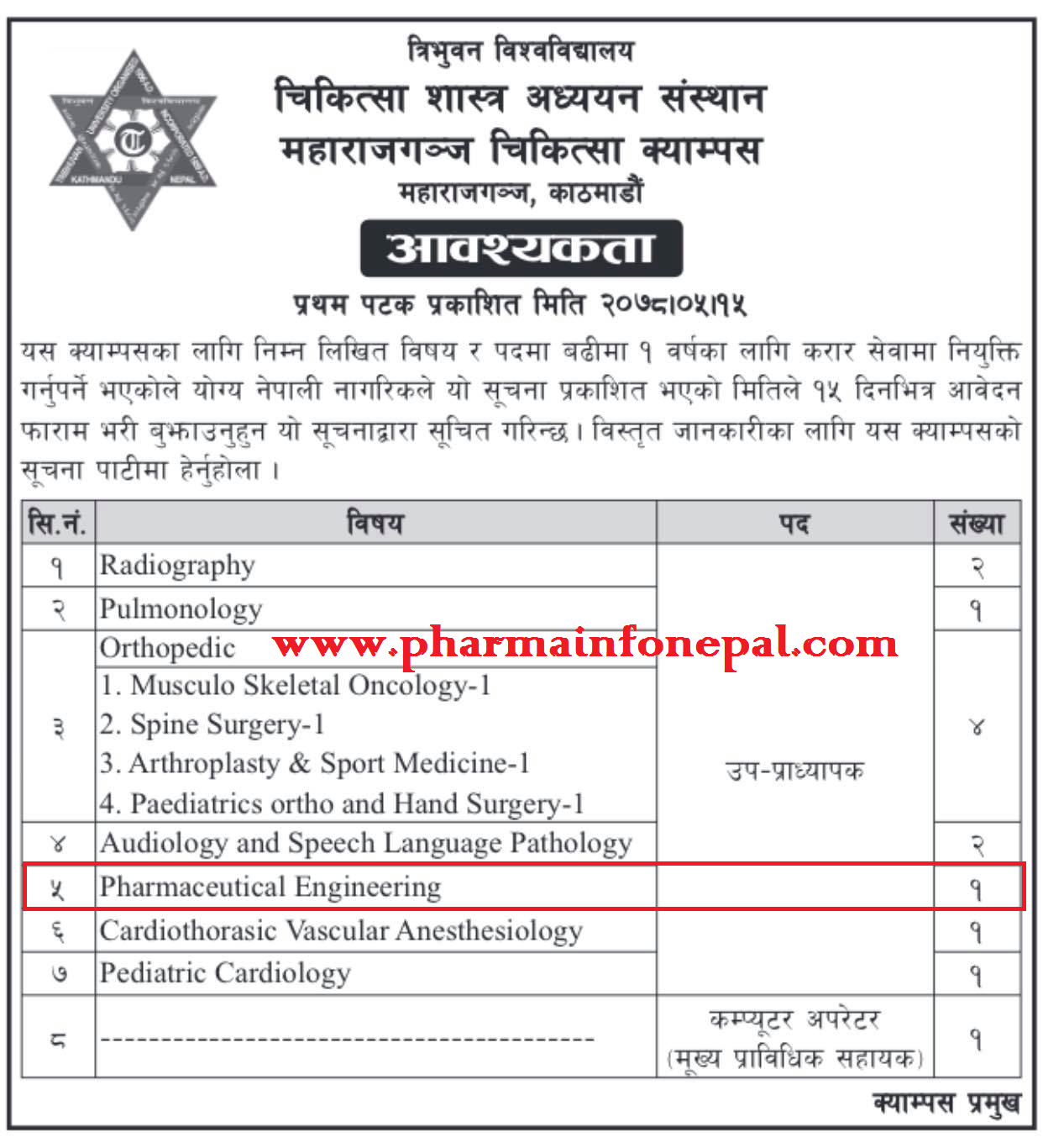 Vacancy Annoucement Associate Professor Pharmaceutical Engineering at IOM