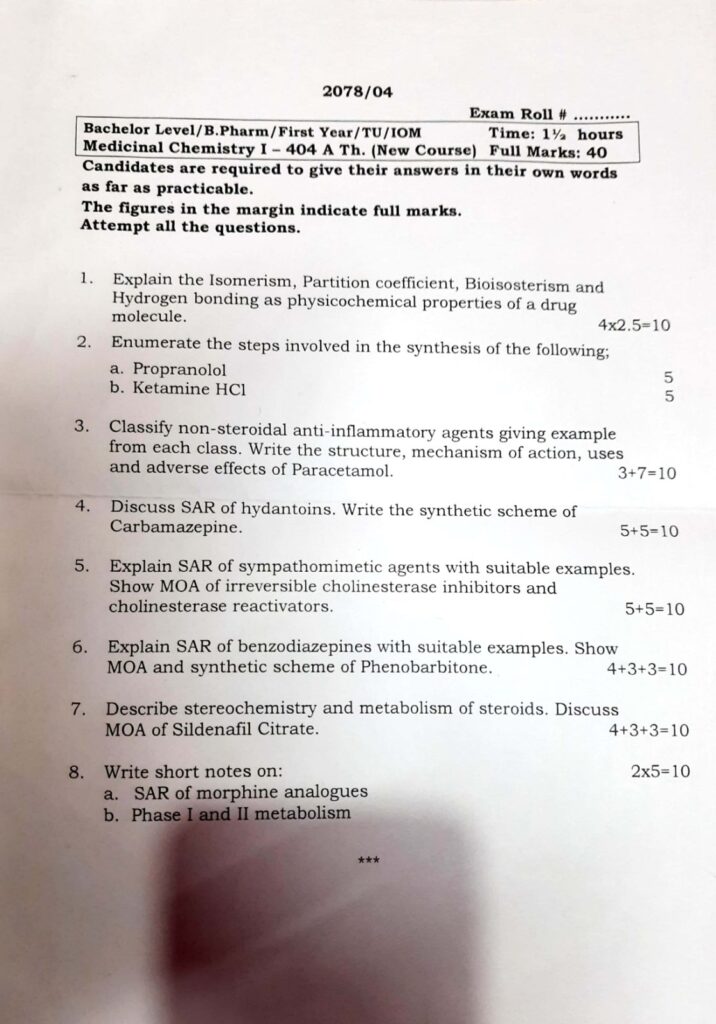 B Pharmacy First Year Question Paper 2078 Institute Of Medicine IOM B Pharmacy First Year Question Paper 2078 Institute Of Medicine IOM
