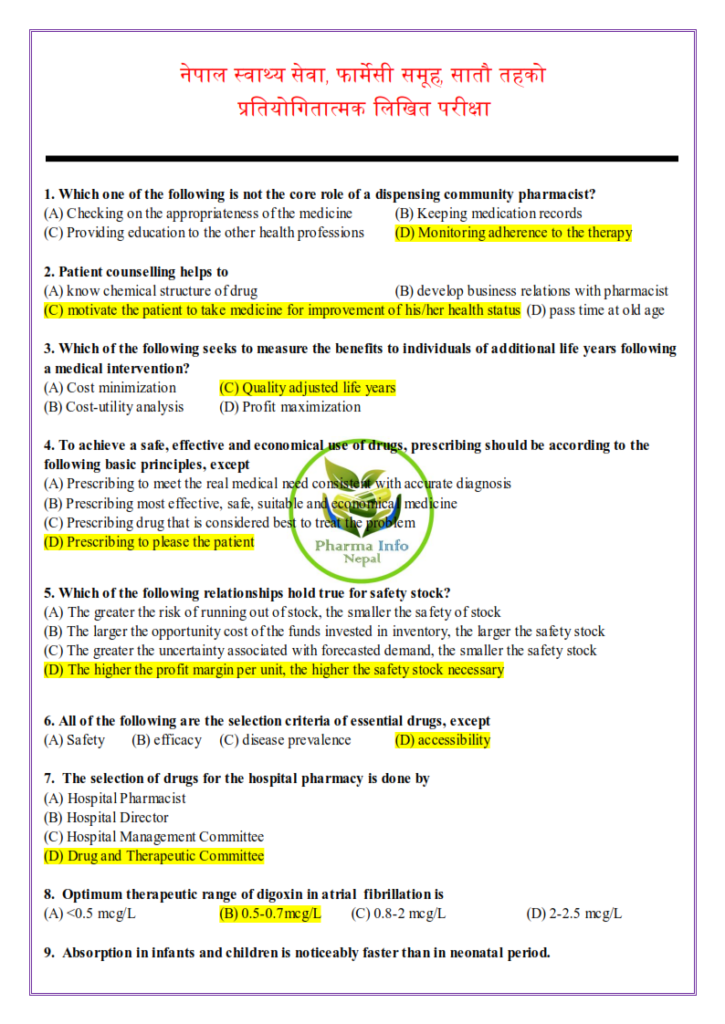 Pharmacy Officer Loksewa Question Paper Solution 2079