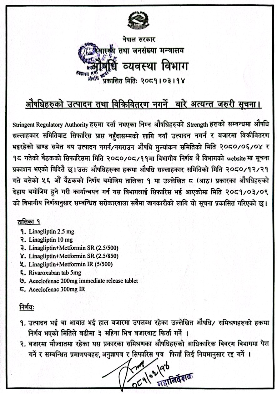 Notice Regarding the Stop Production and Distribution of Medicines DDA
