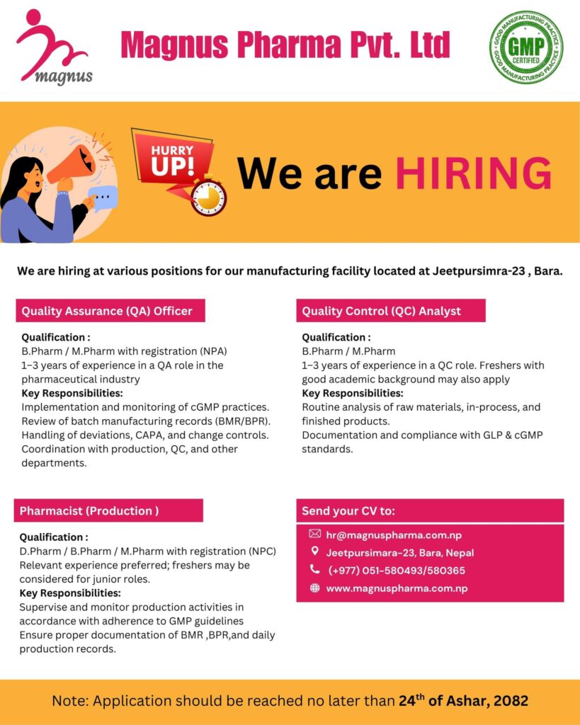 Vacancy Announcement Magnus Pharma Pvt. Ltd QA, QC, and Production